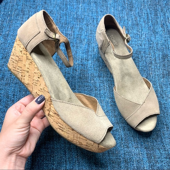 Toms | Shoes | Toms Cork Platform Wedge Sandals In Beige Suede | Poshmark